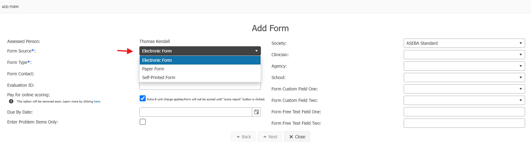 Start a New Assessment wizard for adding Assessed Persons, adding Forms ...