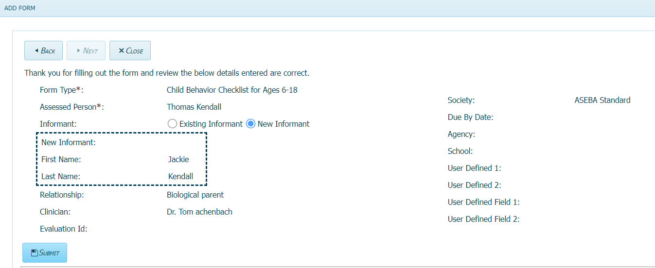 Start a New Assessment wizard for adding Assessed Persons, adding Forms ...