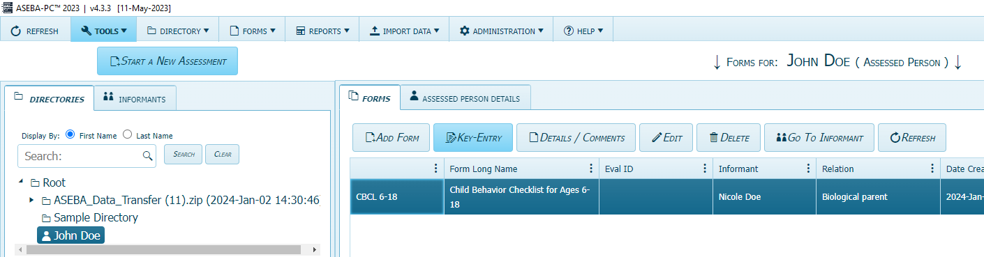 How do I add an assessed person, add a form (ASEBA-PC, ASEBA-Network ...