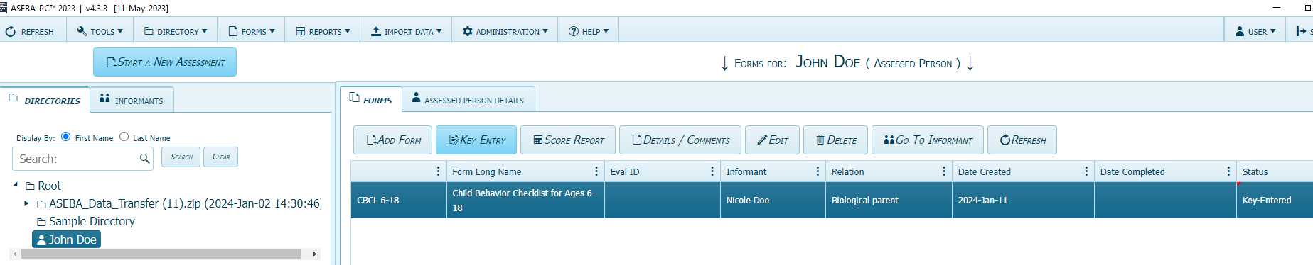 How do I add an assessed person, add a form (ASEBA-PC, ASEBA-Network ...