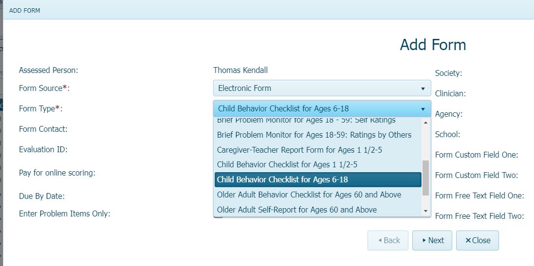 Start a New Assessment wizard for adding Assessed Persons, adding Forms ...