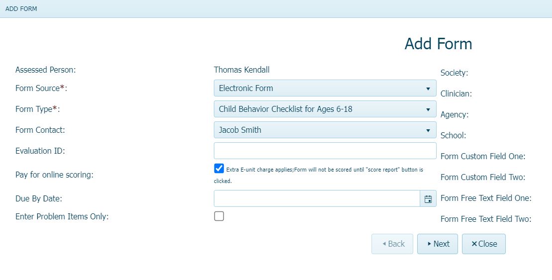 Start a New Assessment wizard for adding Assessed Persons, adding Forms ...