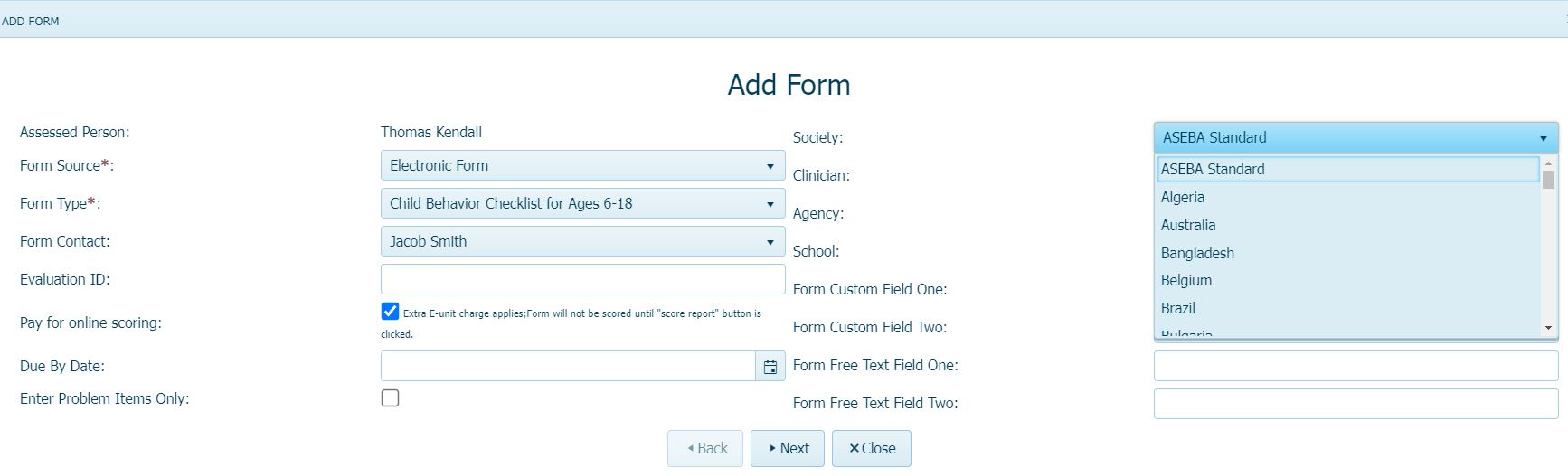 Start a New Assessment wizard for adding Assessed Persons, adding Forms ...