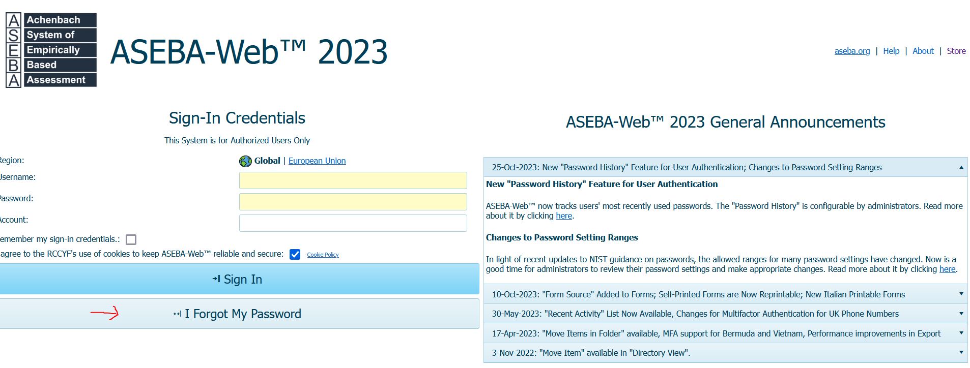 I forgot my ASEBA-Web password; how do I reset it? - answers.aseba.org