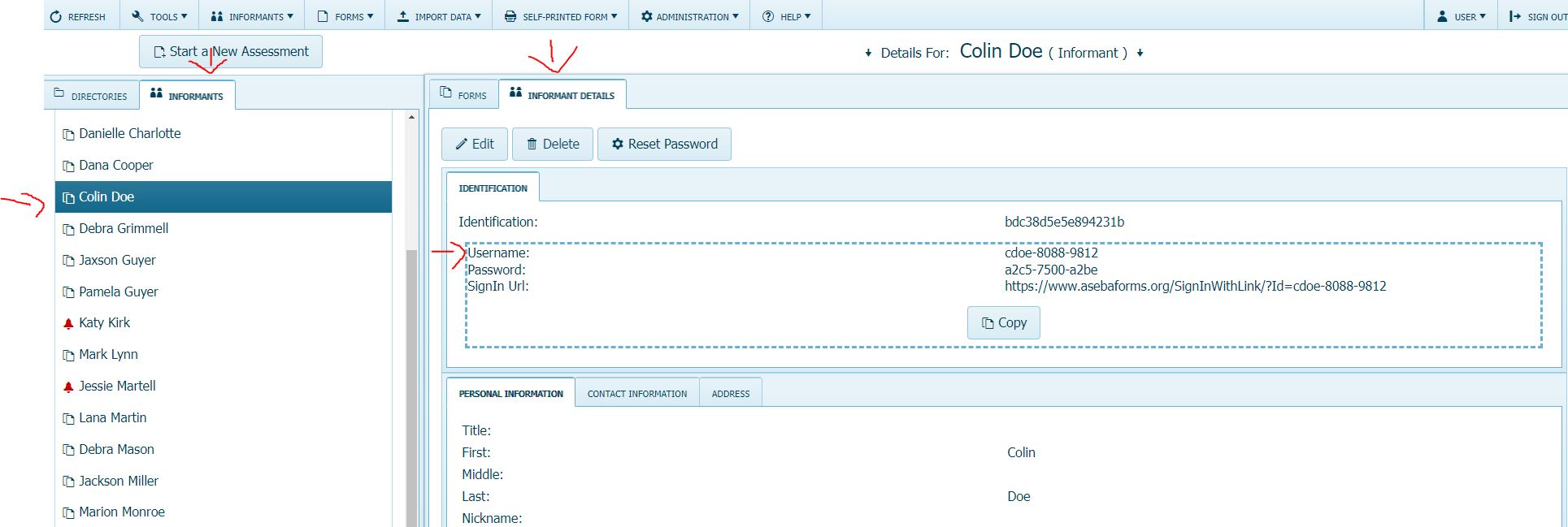 Where to Find an Informant's Username in ASEBA - answers.aseba.org